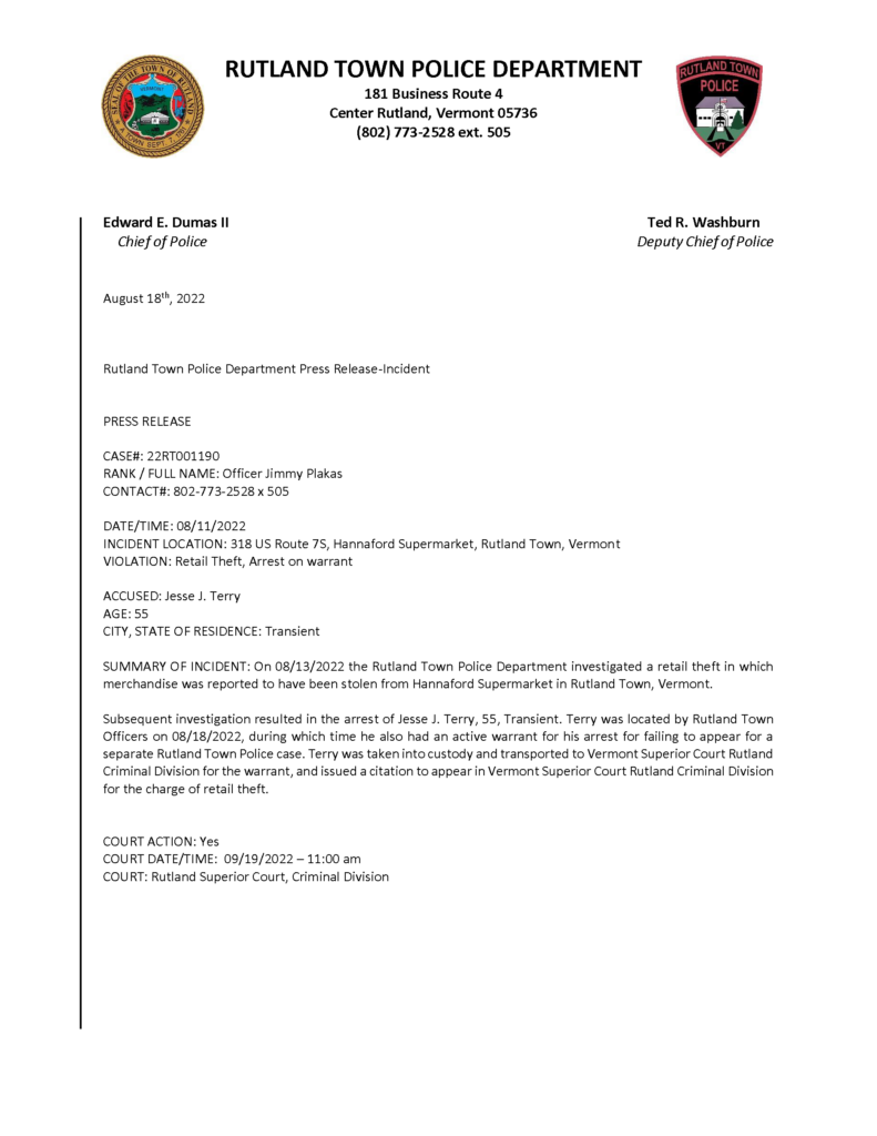 Rutland Town Police Department August 2022 Press Releases – The Town of ...