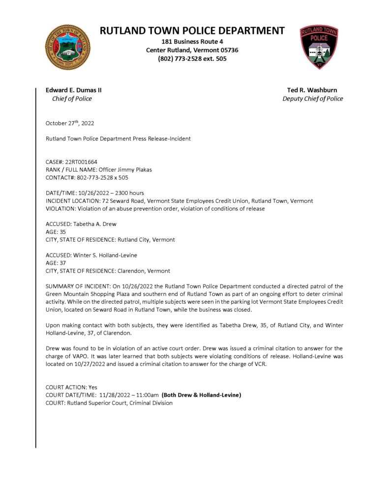 Rutland Town Police Department October 2022 Press Releases – The Town ...