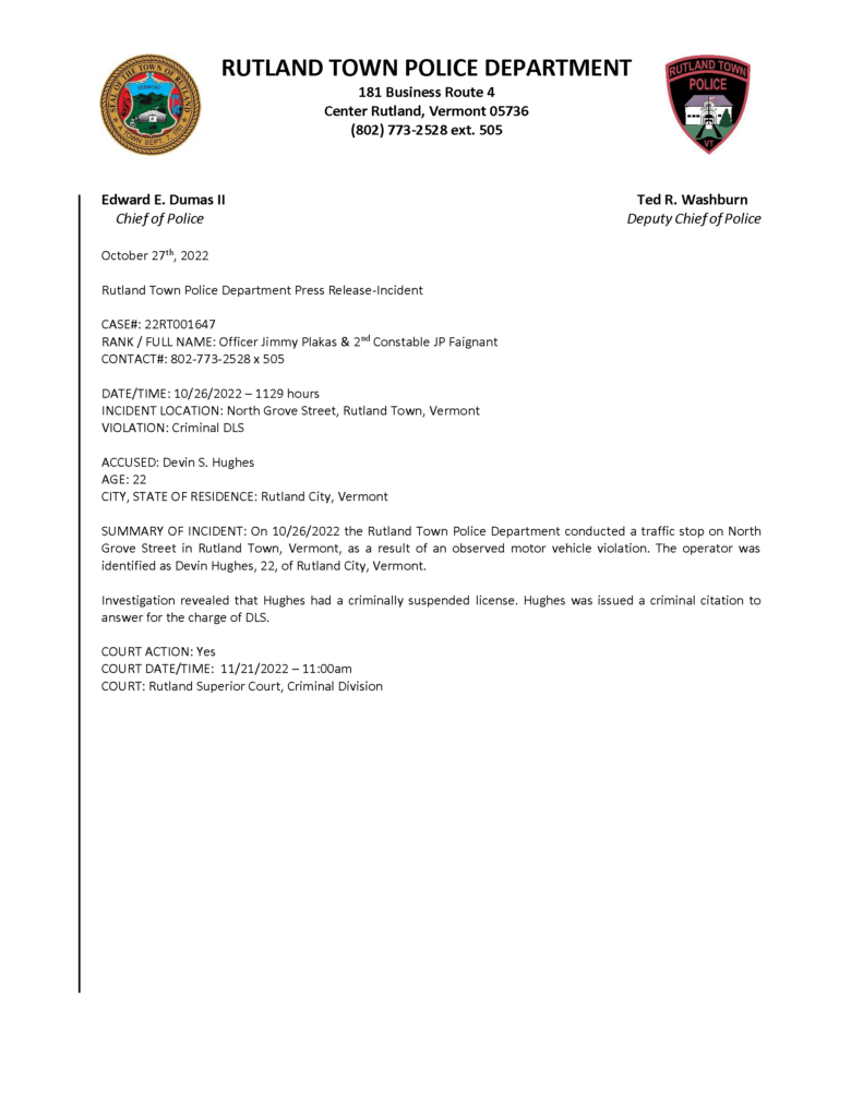 Rutland Town Police Department October 2022 Press Releases – The Town ...