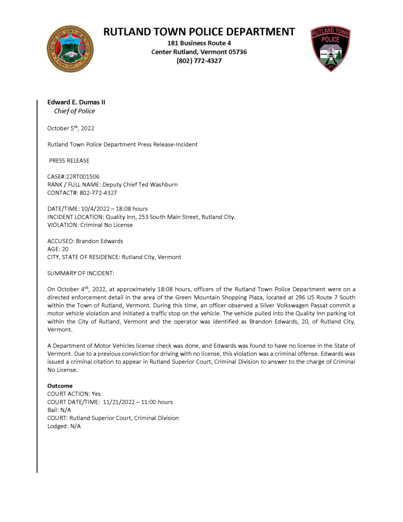 Rutland Town Police Department October 2022 Press Releases – The Town ...