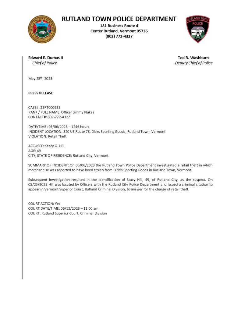 Rutland Town Police Department May 2023 Press Releases – The Town of ...