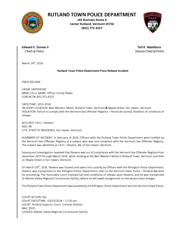 Rutland Town Police Department March 2024 Press Releases – The Town of ...