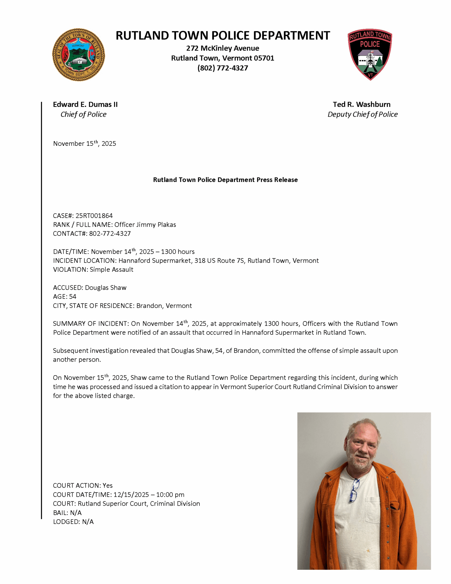 Rutland Town Police Department November 2025 Press Releases – The Town ...