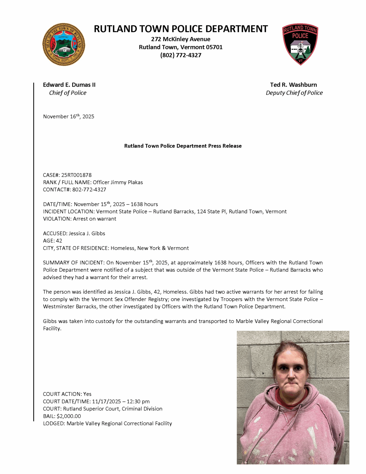 Rutland Town Police Department November 2025 Press Releases – The Town ...