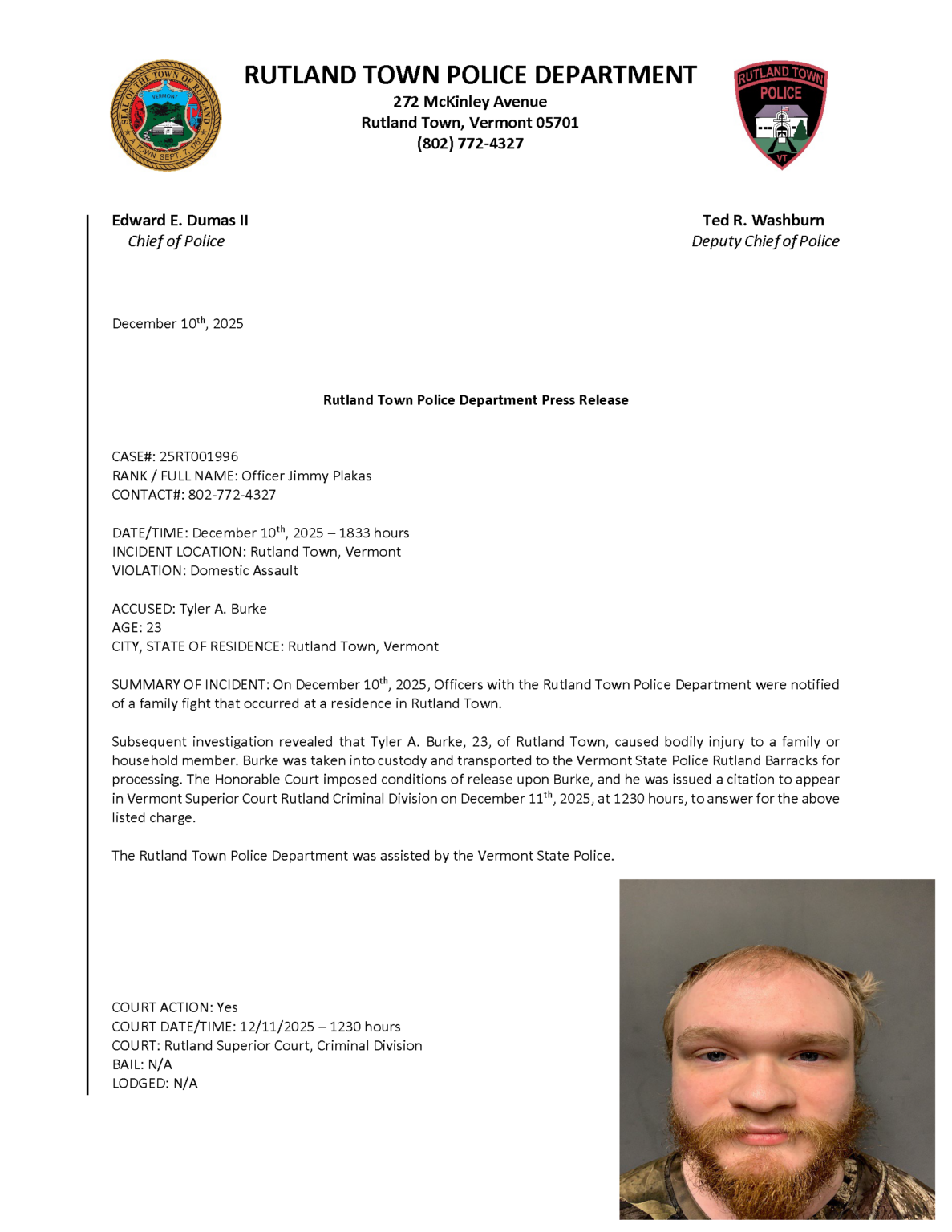 Rutland Town Police Department December 2025 Press Releases – The Town ...